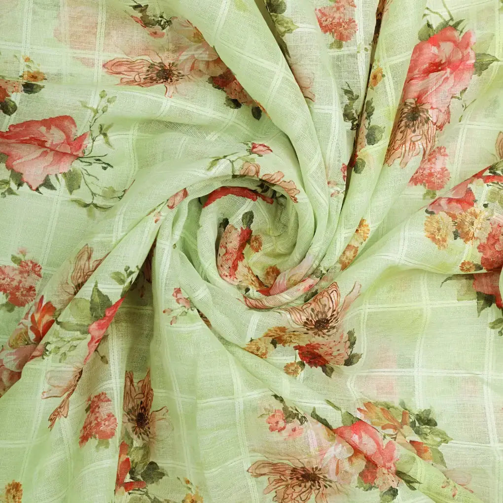 Green Floral Digital Printed Linen Fabric - Unstitched Fabric – FAB ...