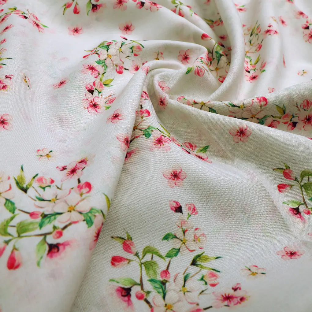 Digital Printed Linen Fabric - White and Pink Floral, Unstitched Fabric ...