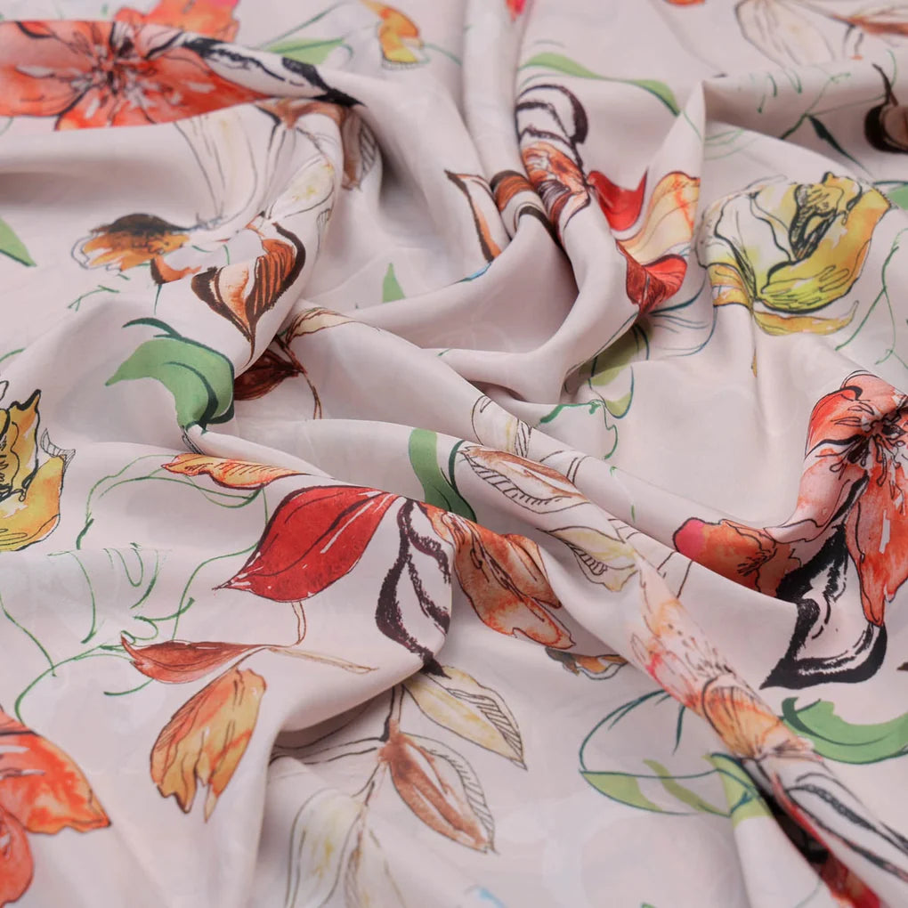 Floral Print Crepe Fabric - Beige | FAB VOGUE Studio