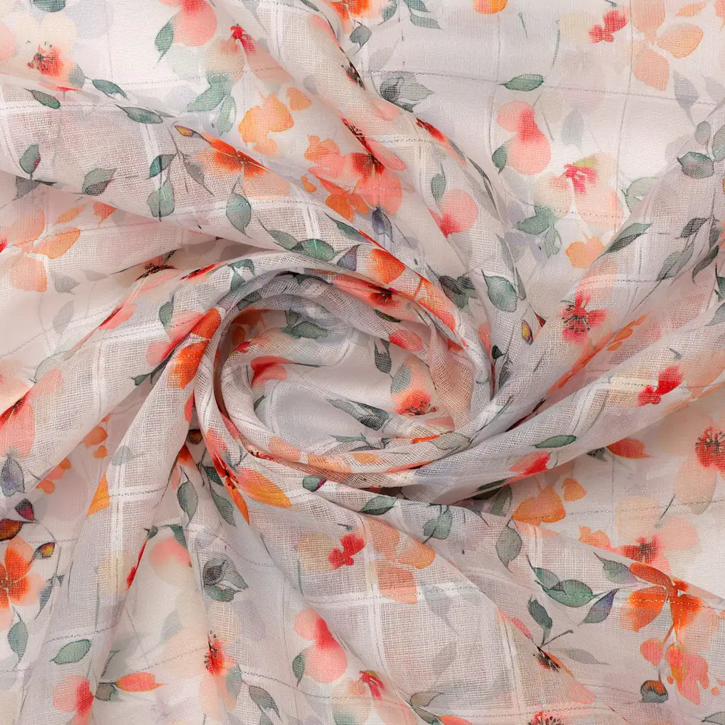 White Floral Print Linen Look Digital Printed Polyester Fabric - FAB ...