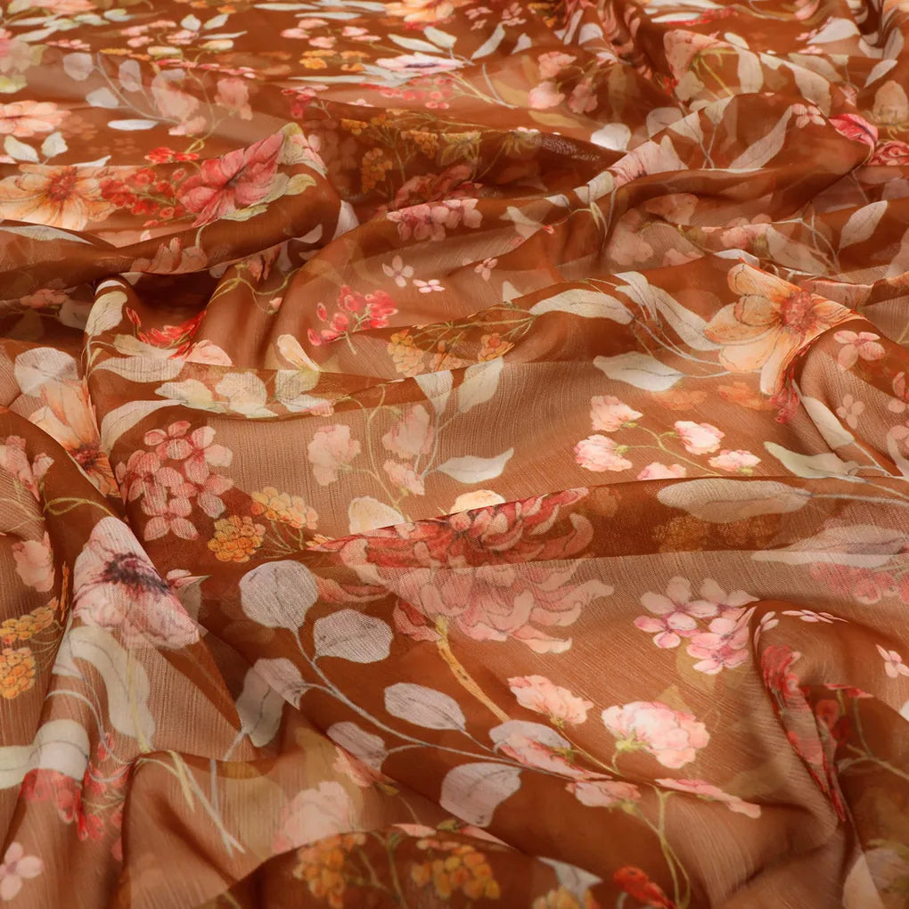 Brown Floral Chiffon Fabric - Digital Printed - FAB VOGUE Studio