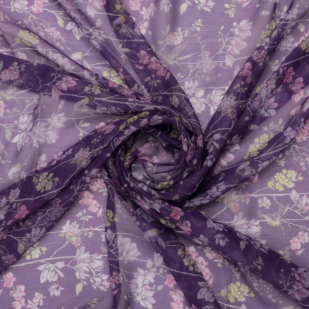 Purple Floral Chiffon Fabric - FAB VOGUE Studio - Digital Printed Polyester