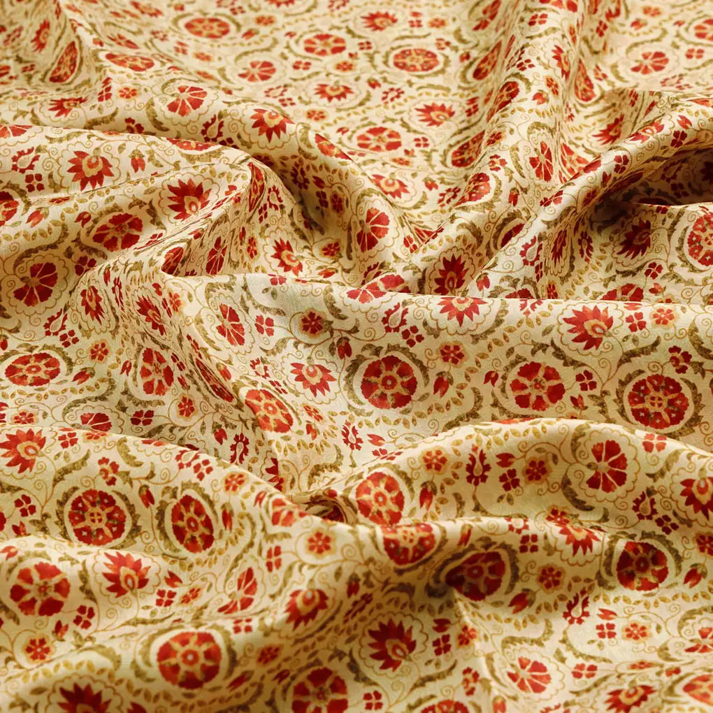 Dola Silk Printed Fabric - Cream Floral - FAB VOGUE Studio