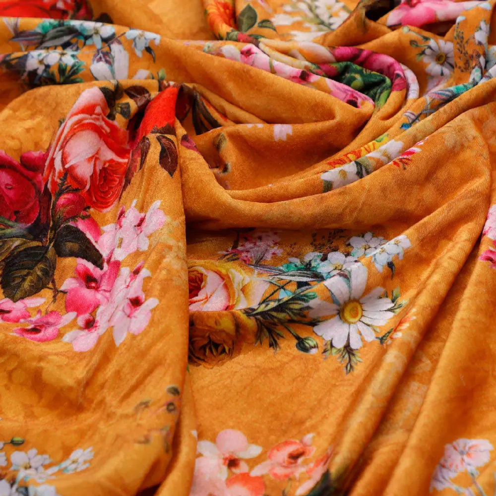 Digital Printed Velvet Fabric - Orange Floral - Unstitched Fabric – FAB ...