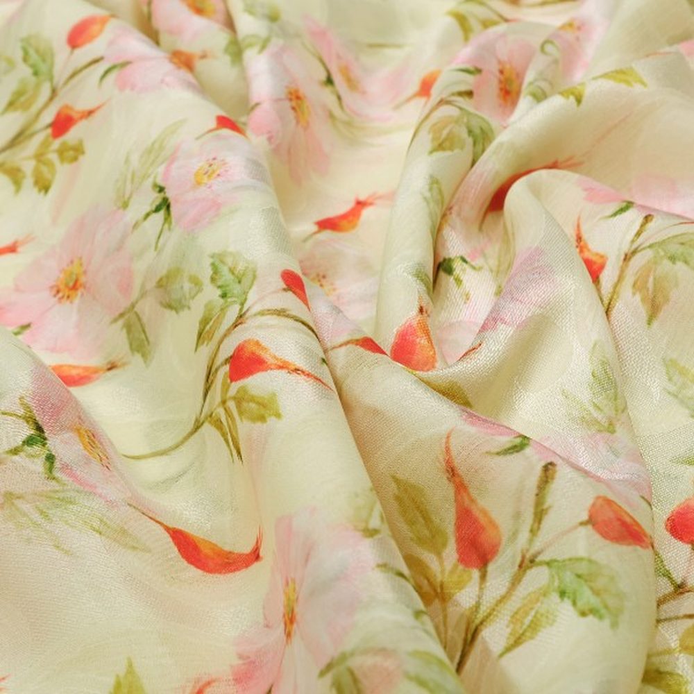 Cream Wild Rose Floral Print Brasso Fabric | FAB VOGUE Studio