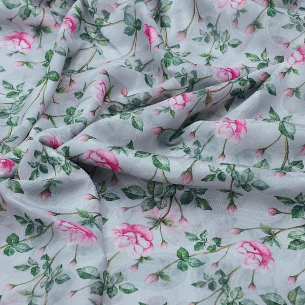 Grey Rose Print Brasso Fabric | Dress Material | FAB VOGUE Studio