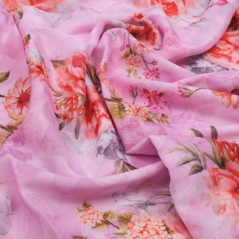 Pink Floral Brasso Fabric by FAB VOGUE Studio | Dress Material
