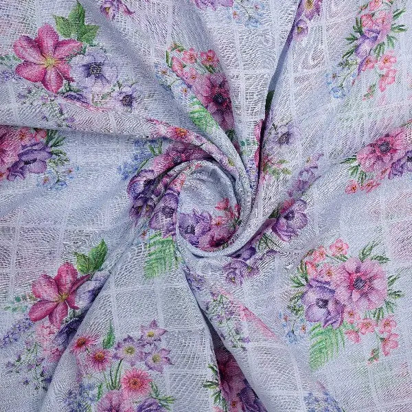 FAB VOGUE Studio Blue Floral Print Linen Fabric for Dress, Saree & Decor