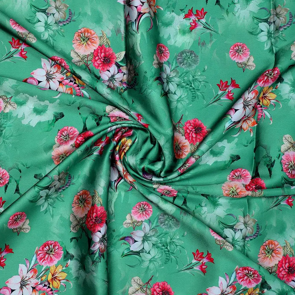 Green Floral Digital Printed Japan Satin Fabric - Unstitched Fabric ...