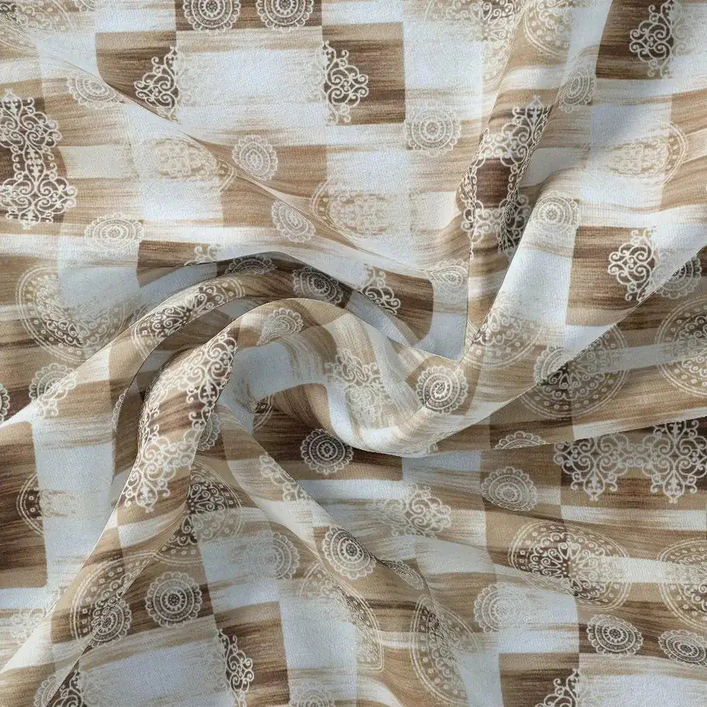 Digital Printed Muslin Fabric - Brown and White Checkered with Floral ...
