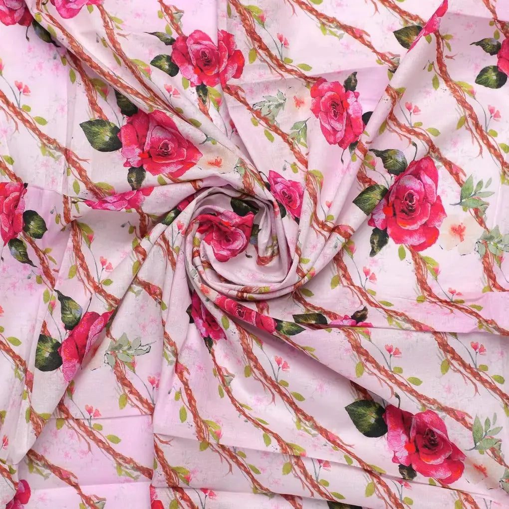 Digital Printed Pure Cotton Fabric - Roses on Pink unstitched fabric ...