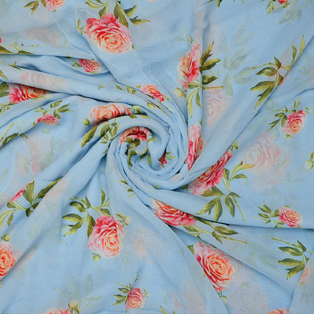 Digital Printed Viscose Georgette Fabric - Light Blue Floral Print ...