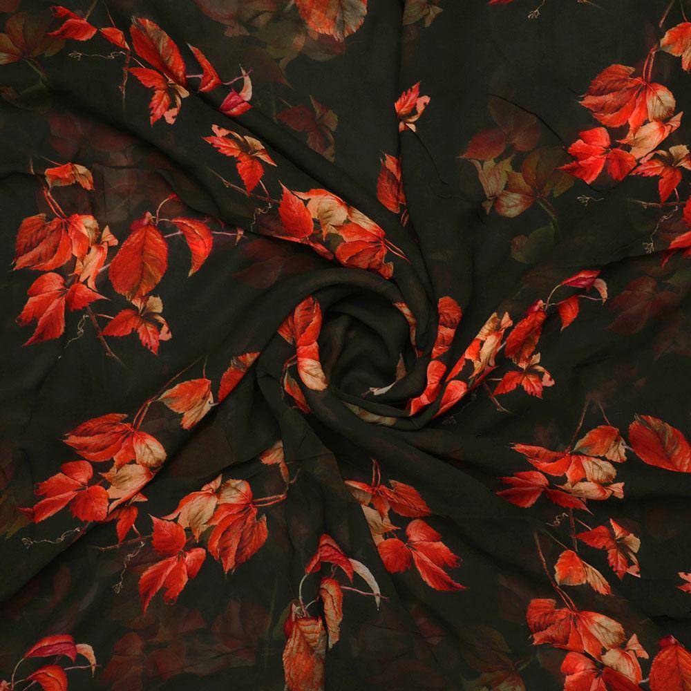 Digital Printed Viscose Georgette Fabric - Black & Red Floral Print ...