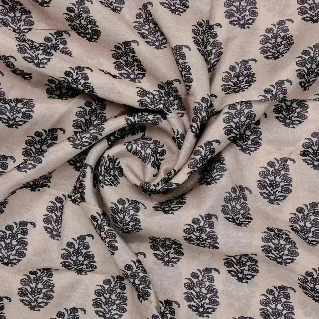 Digital Printed Muslin Fabric - Beige & Black Floral Unstitched Fabric ...