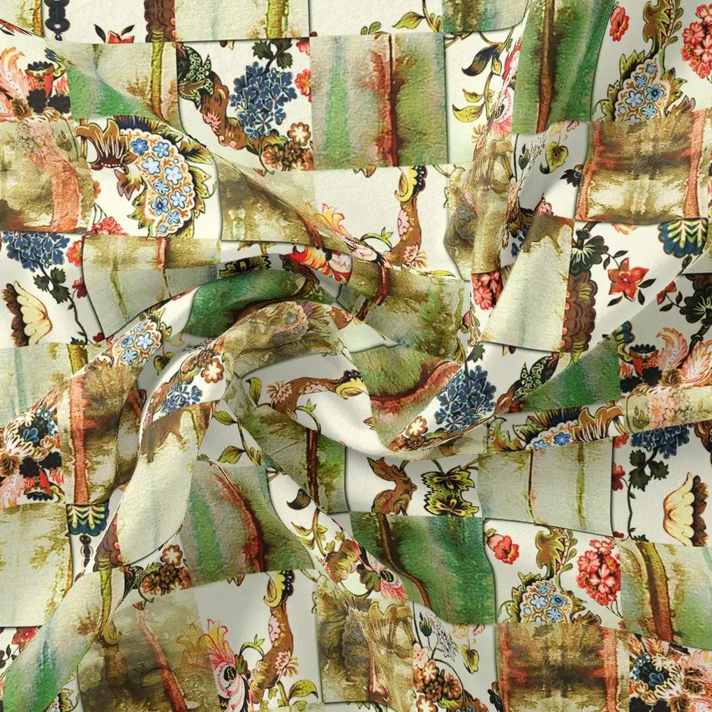 Weightless Polyester Fabric, Green, Floral & Botanical, Digital Printed ...