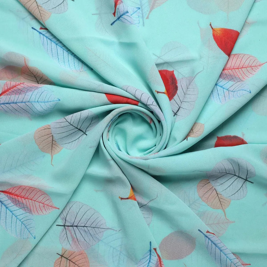 Weightless Polyester Fabric - Teal Leaf Print - Unstitched Fabric – FAB ...
